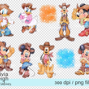 Set of Cute Mickey, Minnie and Friends Cowboy, Cowgirl Clipart PNG ...