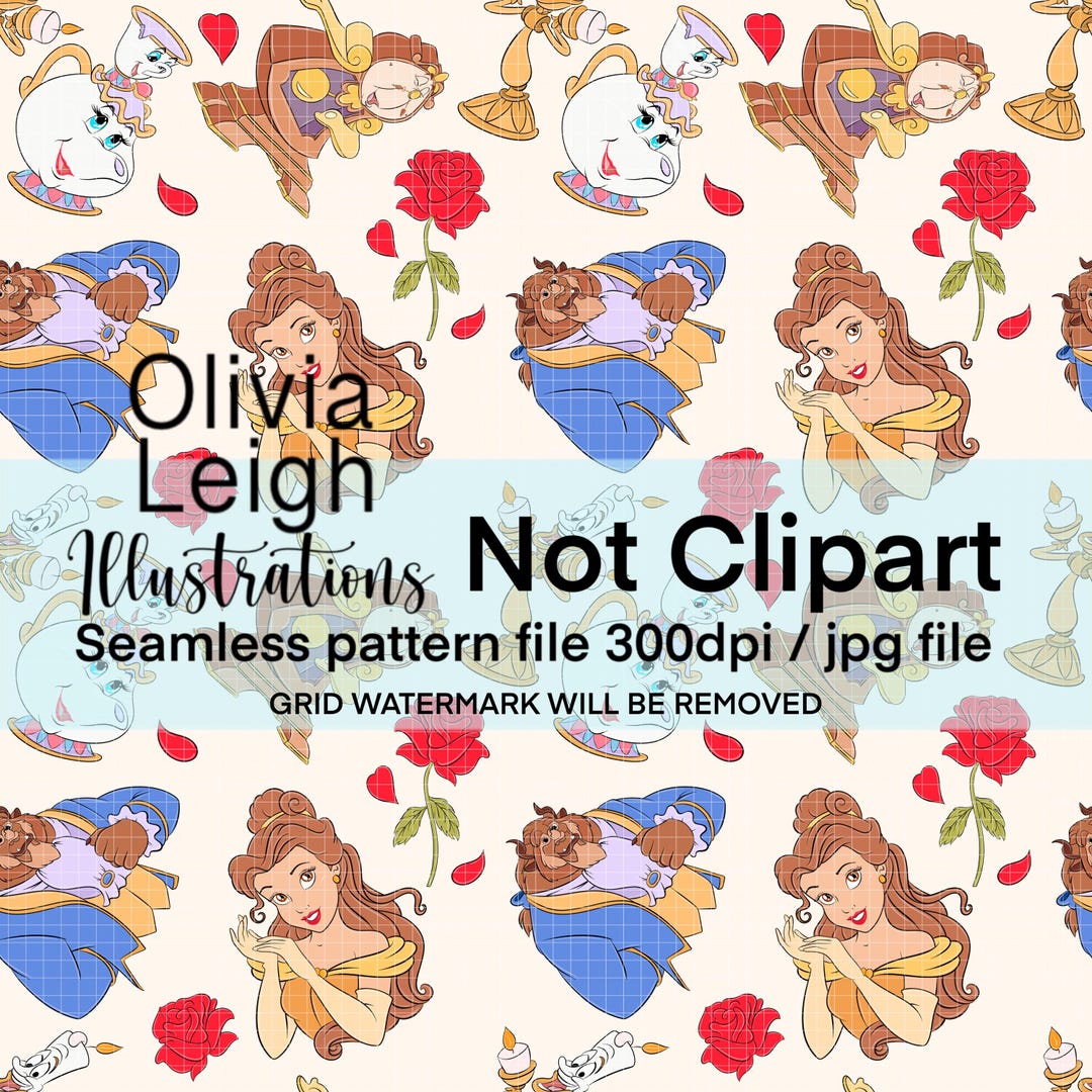 Princess Belle, Beauty and the Beast Seamless Repeat Pattern. Digital ...