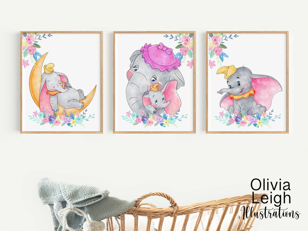 Set of Three Baby Dumbo Nursery Children's Art Print-watercolour Wall ...