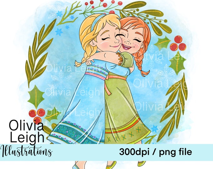 Princess Elsa and Anna Frozen Christmas Cute Clipart PNG Files DIGITAL ...