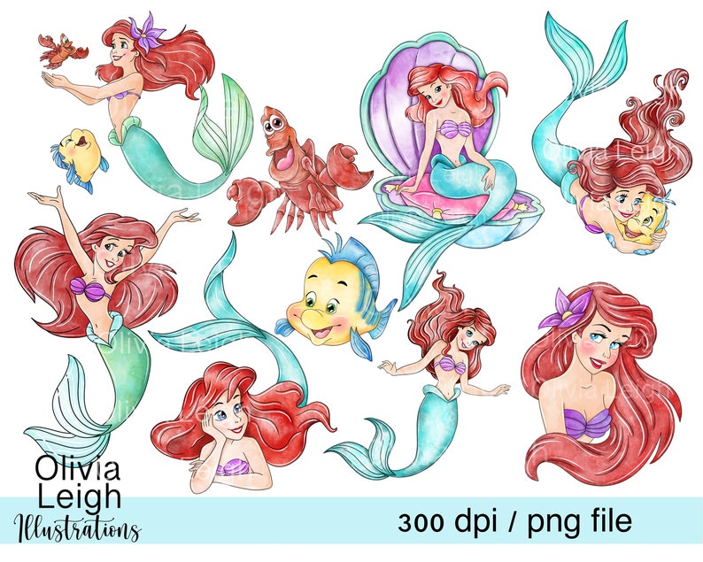 Set of Princess Ariel Cute Clipart PNG Files DIGITAL DOWNLOAD - Etsy