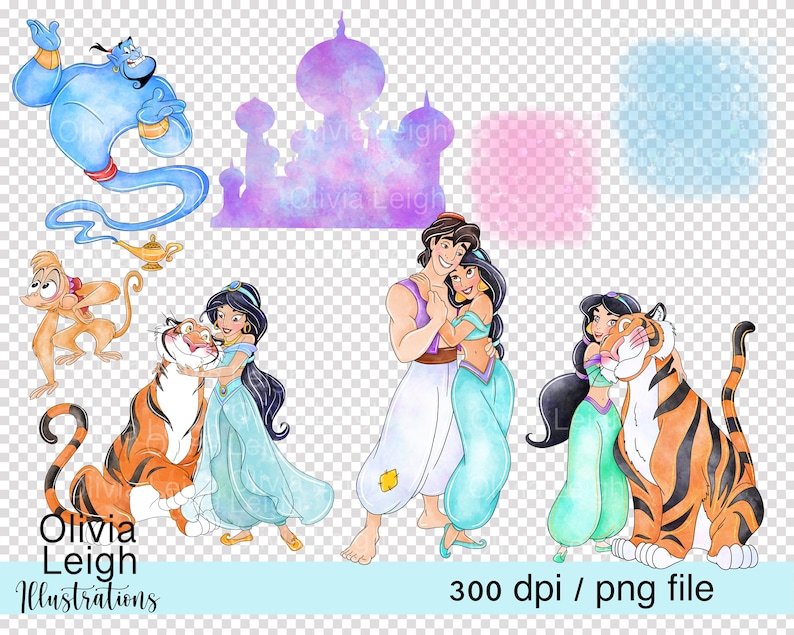 Set of Princess Jasmine and Aladdin, the Genie, Rajah, Castle Cute ...