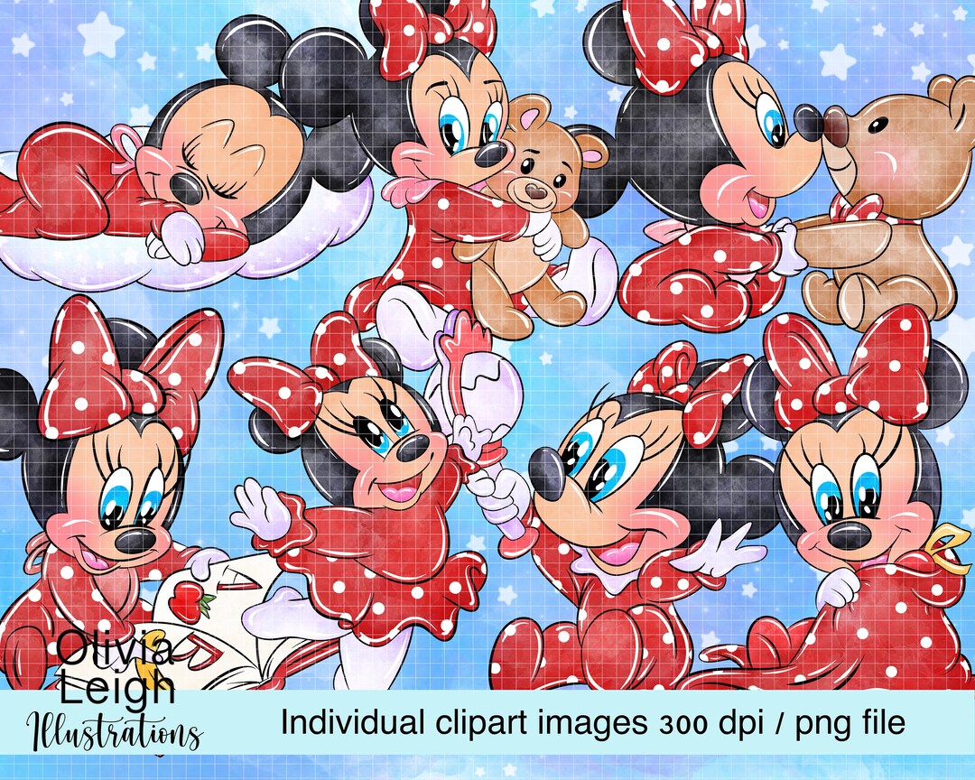Cute Baby Minnie Toddler Red Clipart Set PNG Files Hand Drawn DIGITAL ...