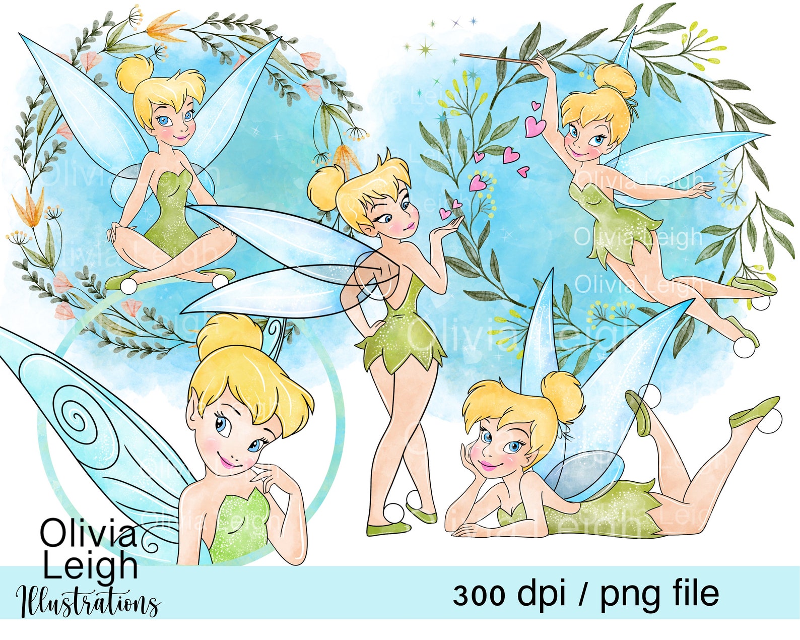 Set of Tinkerbell Cute Clipart Floral Wreath PNG Files DIGITAL DOWNLOAD ...