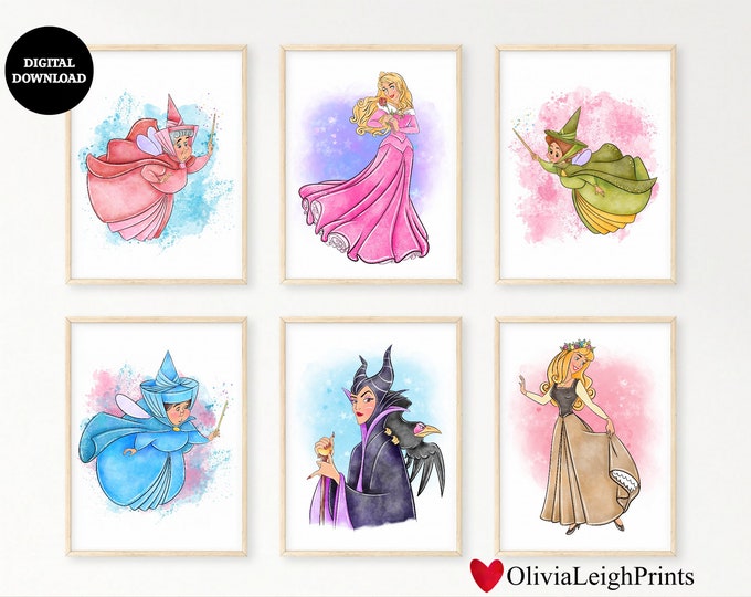 Set of Six Princess Sleeping Beauty Watercolour Word Art Quote Print ...