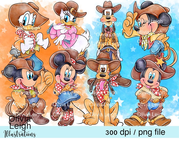 Set of Cute Mickey, Minnie and Friends Cowboy, Cowgirl Clipart PNG ...