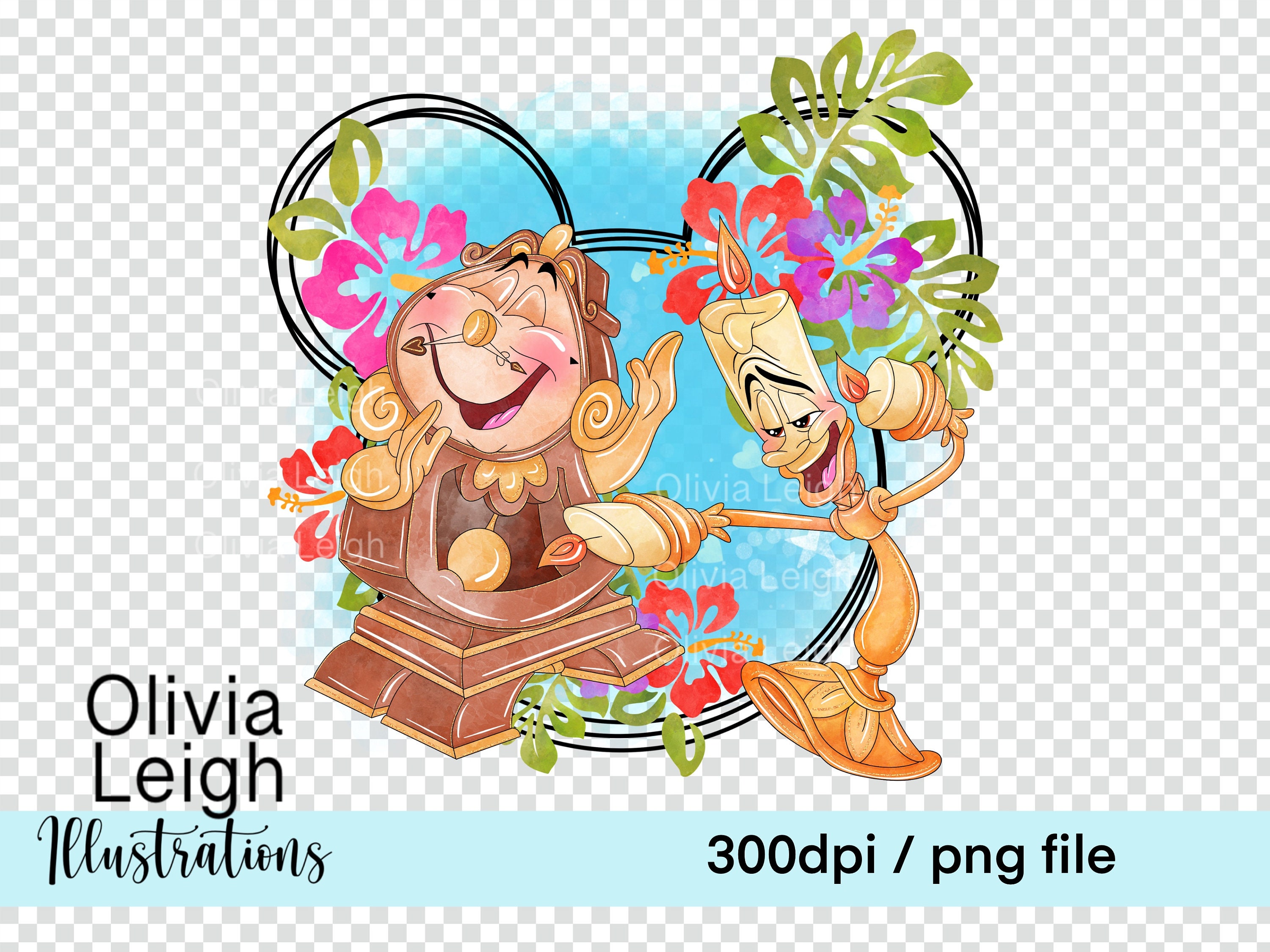 Beauty and the Beast Cogsworth and Lumiere Cute Clipart Sublimation PNG ...