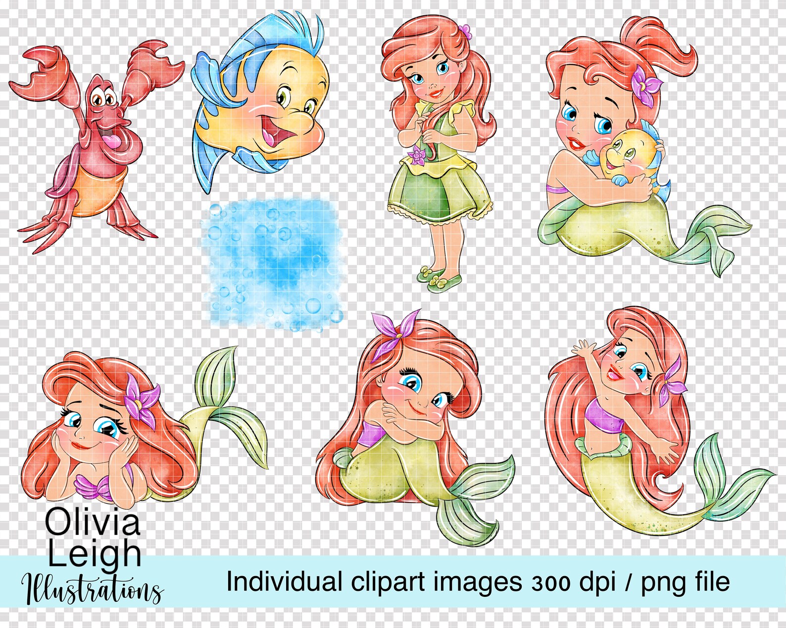 Set of Baby Princess Ariel, the Little Mermaid Cute Clipart Set PNG ...