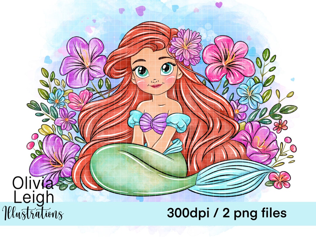 Cute Princess Ariel, the Little Mermaid Floral Clipart PNG Files ...