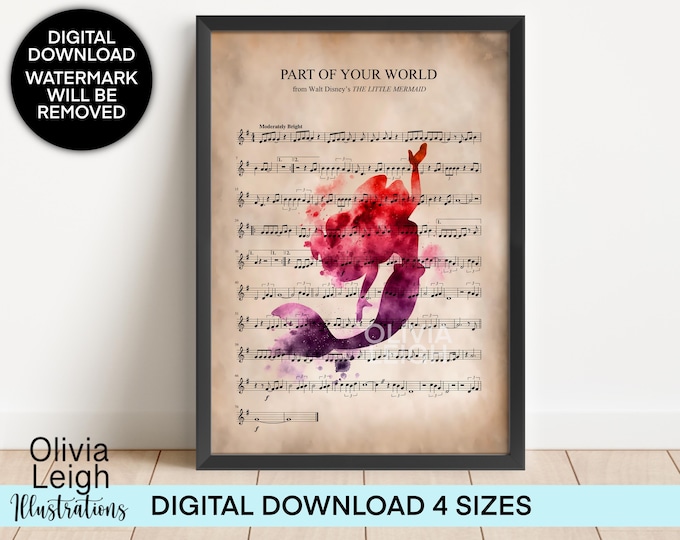 Princess Ariel Music Sheet Print-wall Art-gift-nursery DIGITAL DOWNLOAD ...