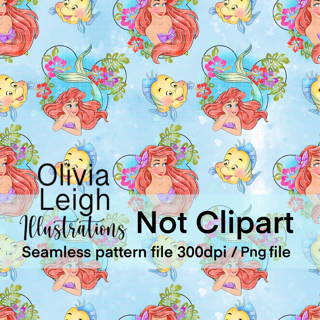 Cute Princess Ariel Floral Seamless Repeat Pattern. Digital Paper ...