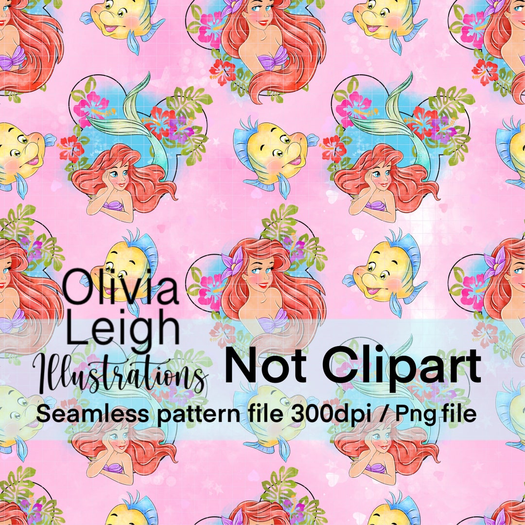 Cute Princess Ariel Floral Seamless Repeat Pattern. Digital Paper ...