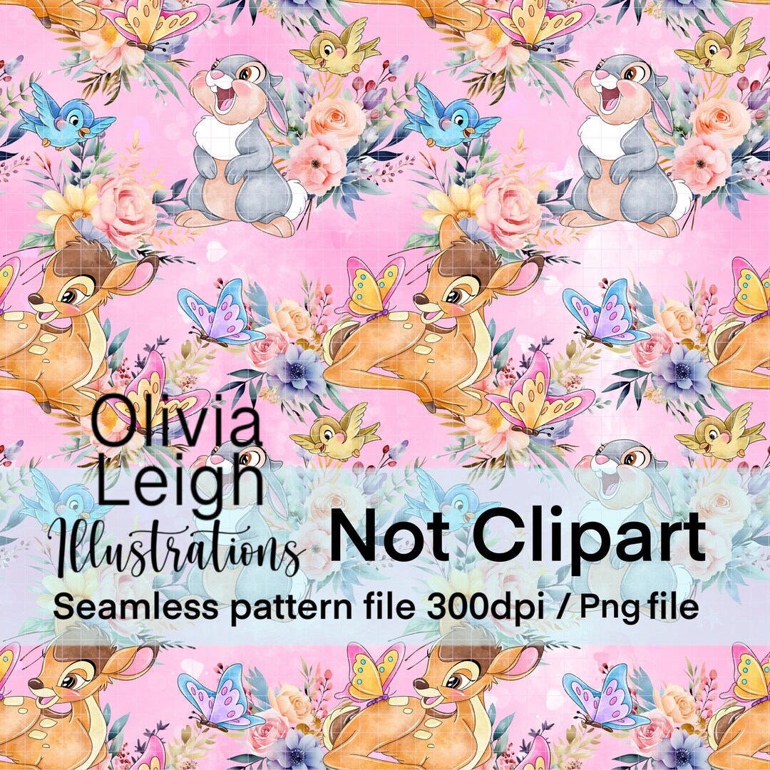 Cute Bambi and Thumper Floral Seamless Repeat Pattern. Digital Paper ...