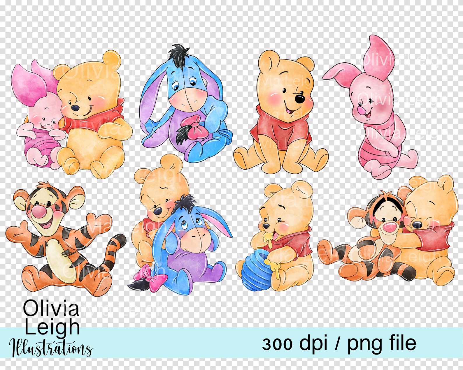 Set of Baby Winnie the Pooh, Piglet, Eeyore and Tigger Clipart PNG ...