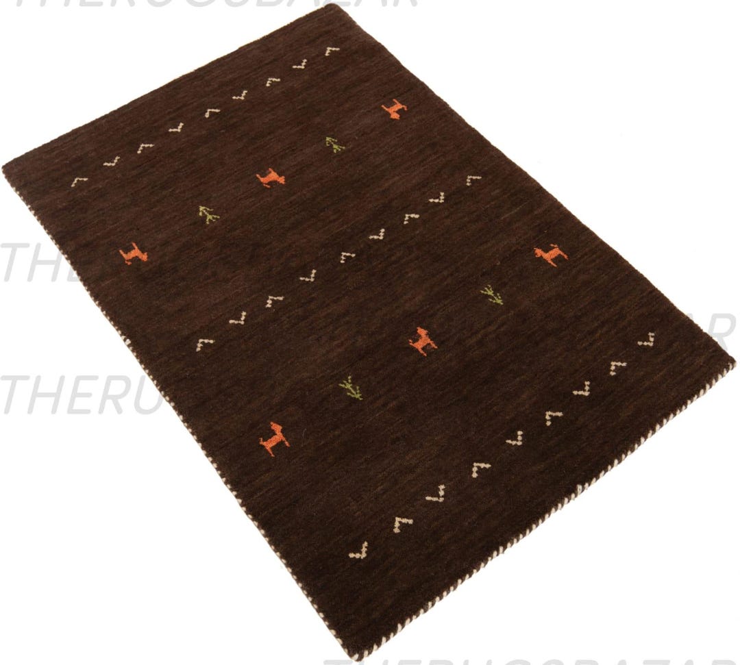 Handloom Gabbeh Dark Brown Wool Rug With Minimal Tribal Animal Motifs ...