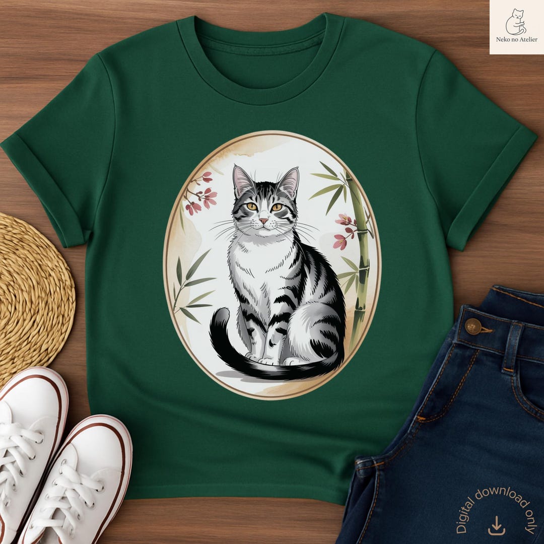 Japanese Tabby Cat Art Print • Zen Bamboo & Sakura (digital Download ...