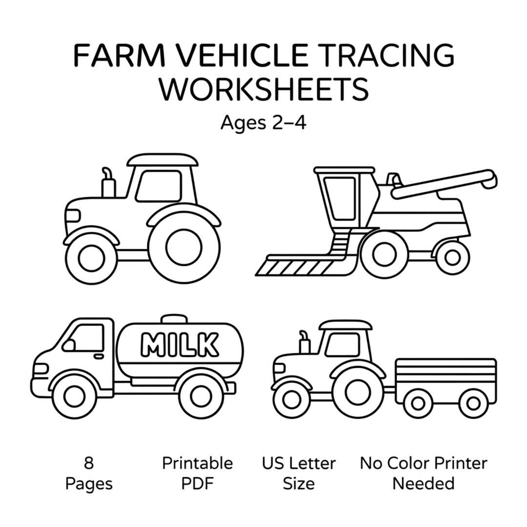 Farm Vehicle Tracing Worksheets, Toddler Fine Motor Skills Practice ...