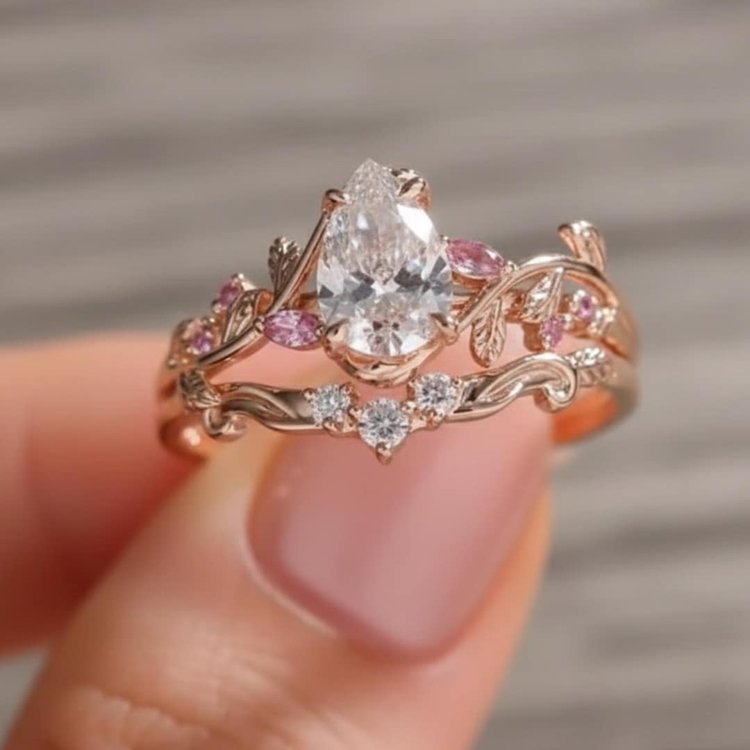 2CT Pear Moissanite Engagement Ring Set 14K Gold Bridal Floral Wedding ...