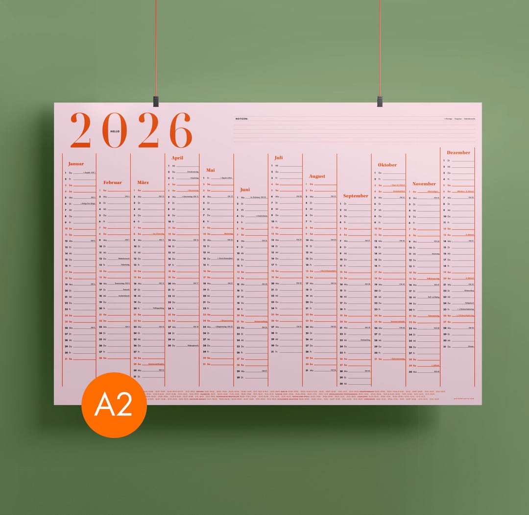 Orange-pink A2 Wall Calendar 2026 With Calendar Weeks, Holidays ...