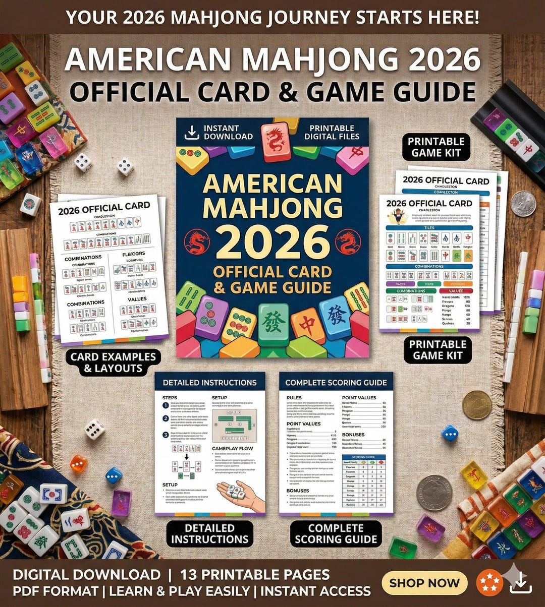 Printable Mahjong 2026 Cheat Sheet, 2026 Mahjong Hands, Beginner ...