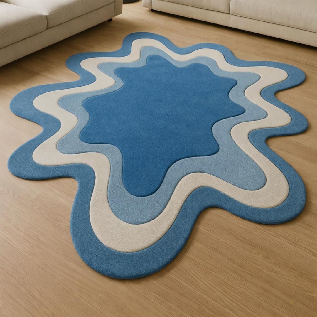 Modern Blue Abstract Wave Area Rug, Hand Tufted Wool Organic Shape ...