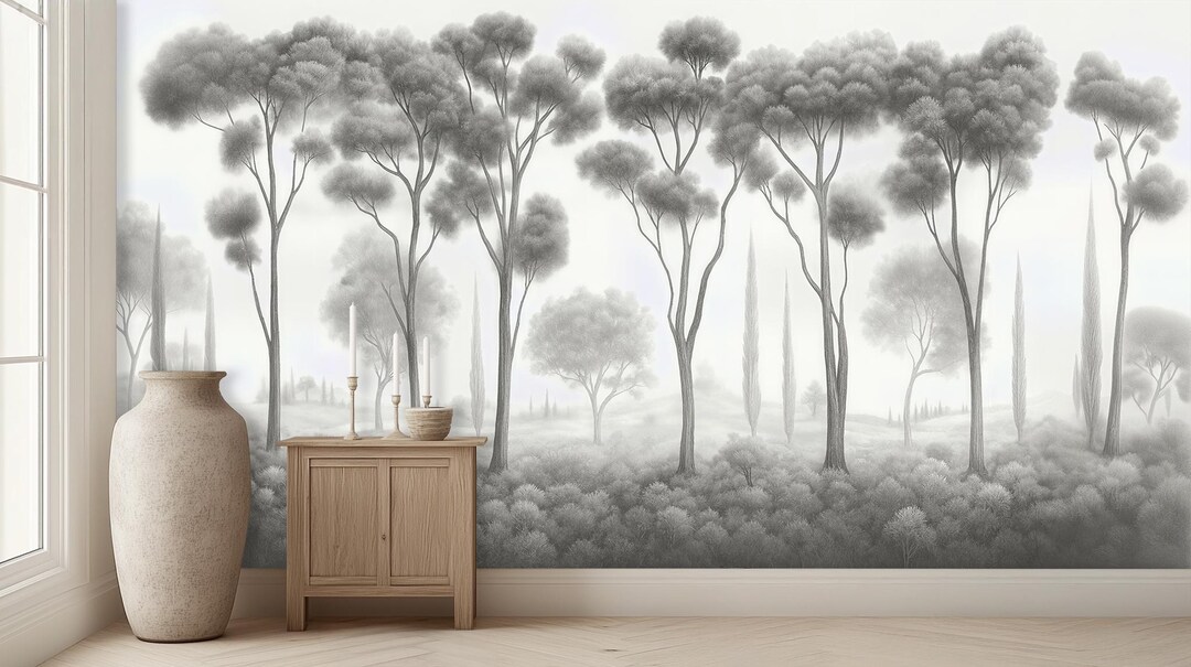 Grey Misty Forest Wallpaper Mural – Soft Neutral Trees Peel and Stick ...