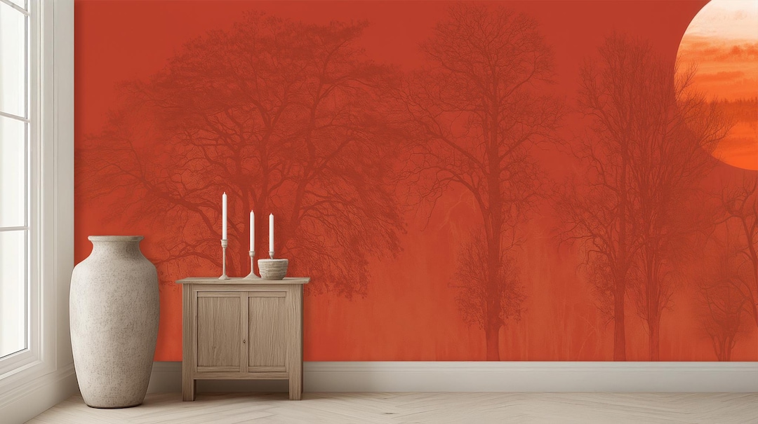Red Sunset Forest Wallpaper Mural – Bold Monochrome Trees & Sun - Etsy