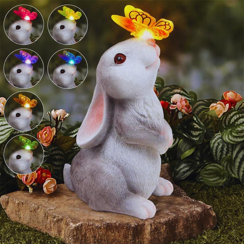 Solar Bunny Garden Statue – LED Butterfly, Resin Outdoor Decor - Etsy