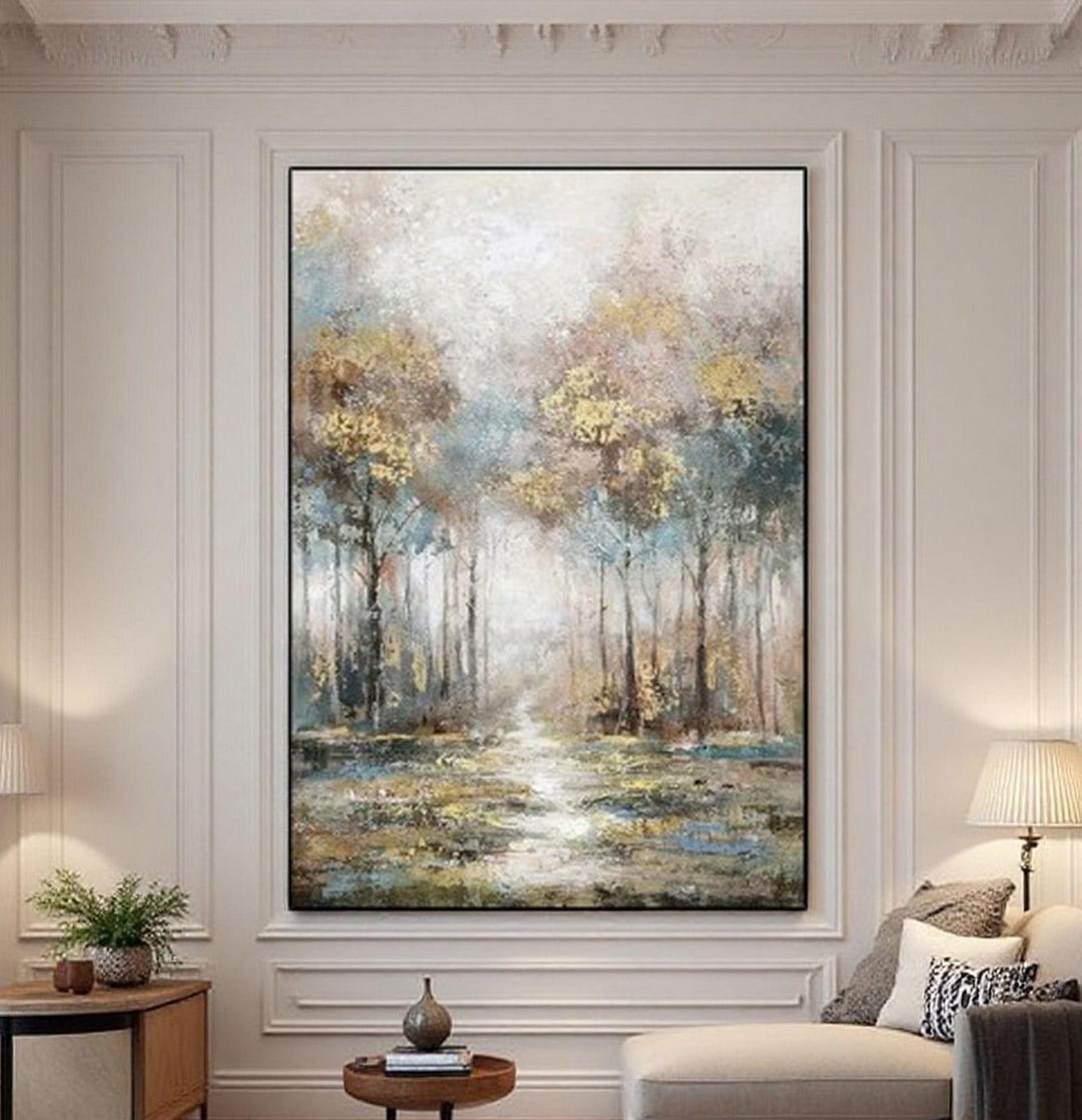 Abstract Forest Path Oil Painting, Textured Woodland Wall Art, Misty ...