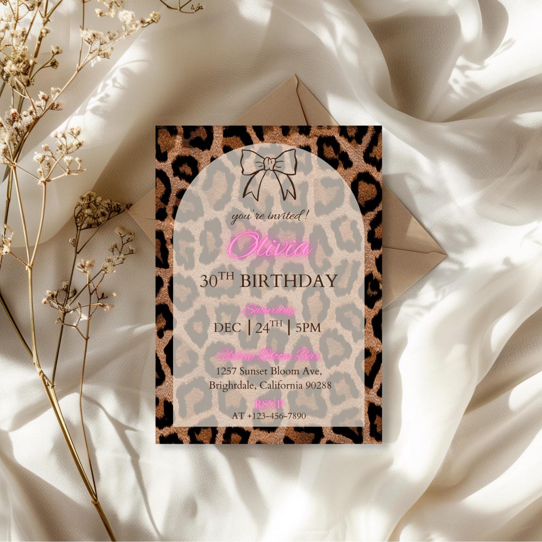 Cheetah Print Birthday Invitation, Black Bow Coquette Invite, Leopard ...
