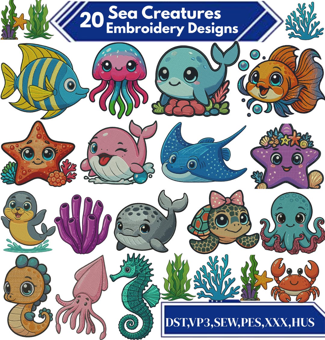 Sea Creatures Embroidery Design, Ocean Animals Pattern, Marine Life ...