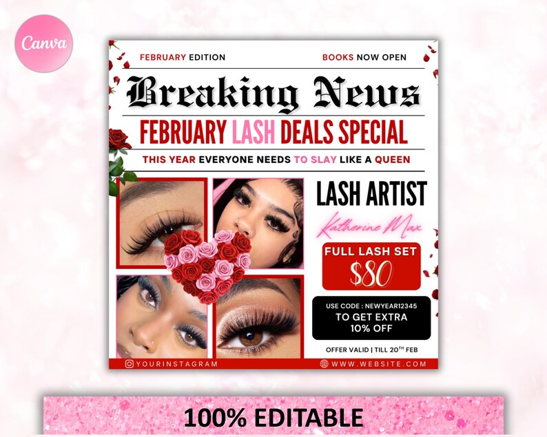February Lash Special Flyer, Valentine's Day Lashes Flyer, Lash ...