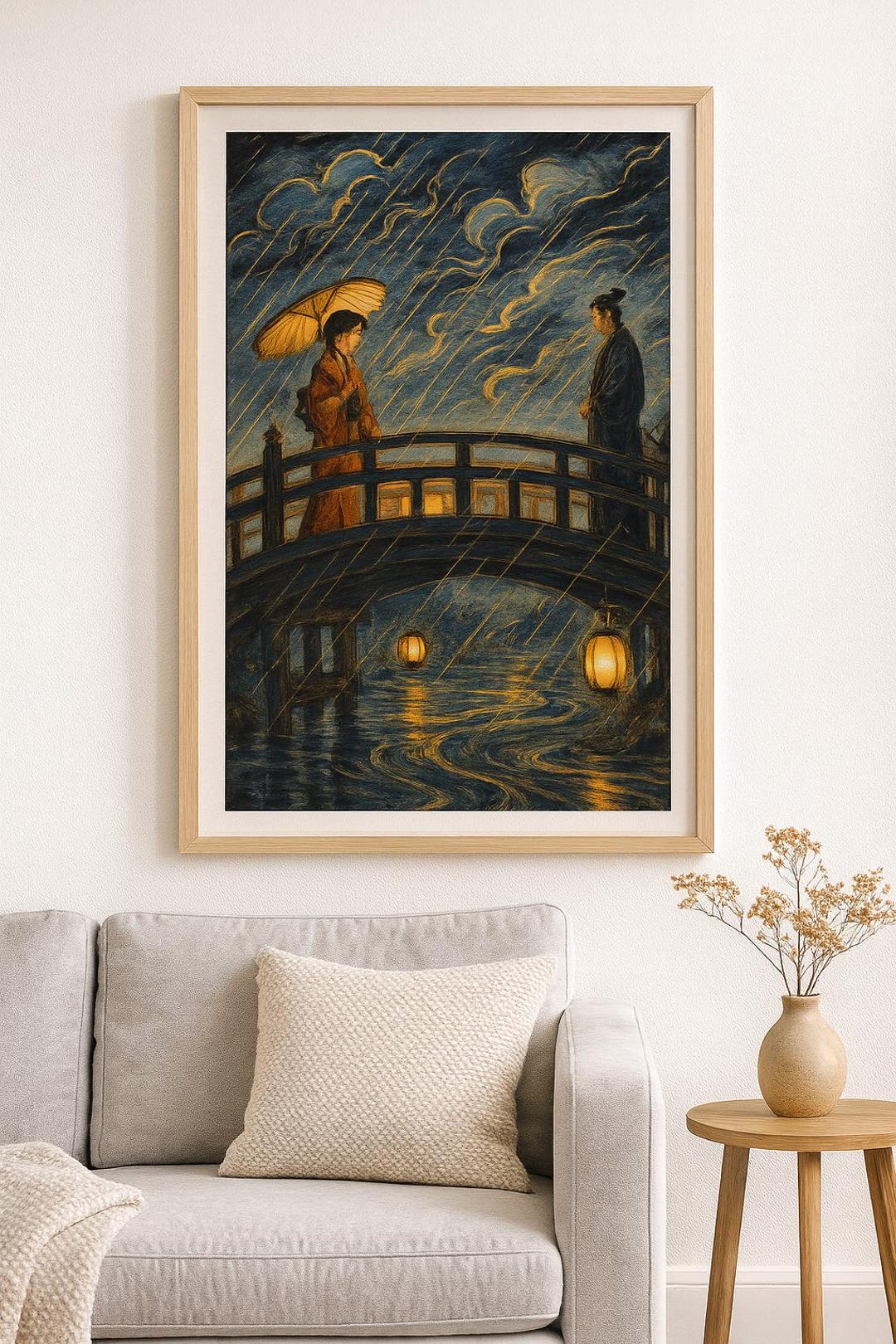 Japanese Rainy Night Bridge Wall Art Printable, Romantic Kimono Couple ...