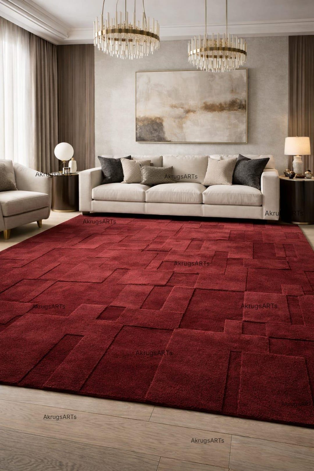 Hand Tufted Wool Red Rug, Modern Textured Area Rug, Solid Luxury Carpet ...