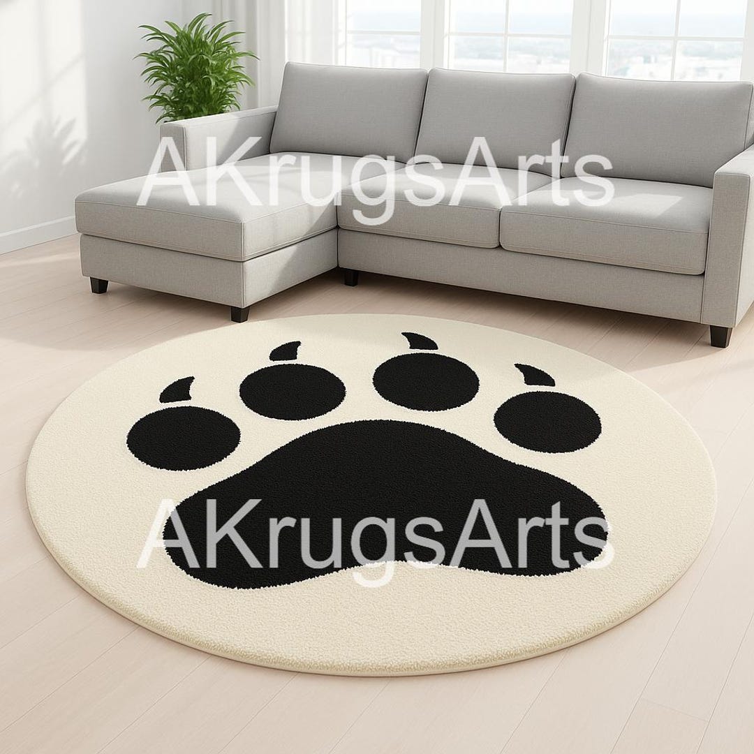 Modern Round Paw Print Rug – Tufted Black and Cream Accent Rug - Etsy