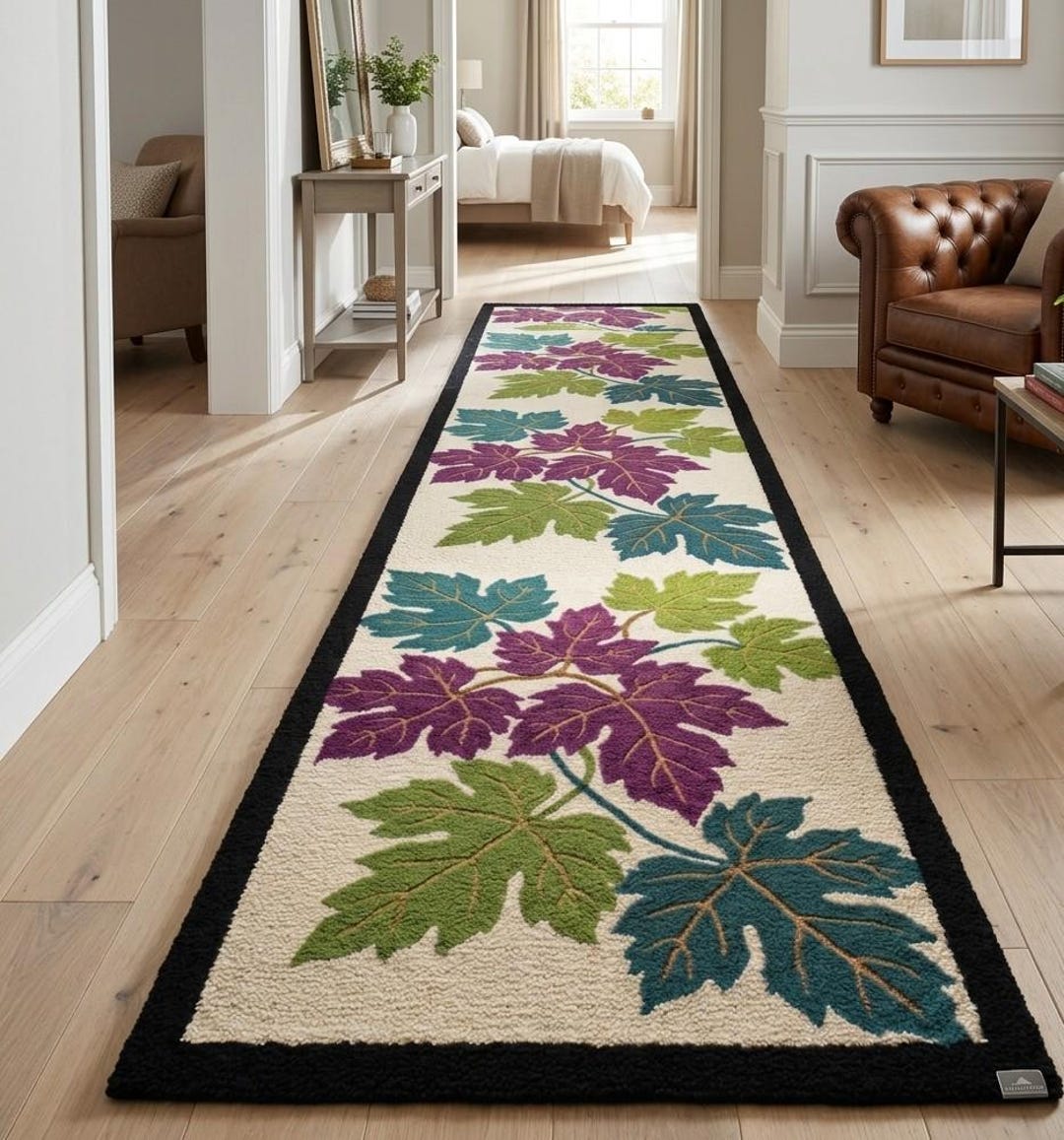 Hand Tufted Wool Leaf Rug Botanical Runner Rug Colorful Nature Carpet ...