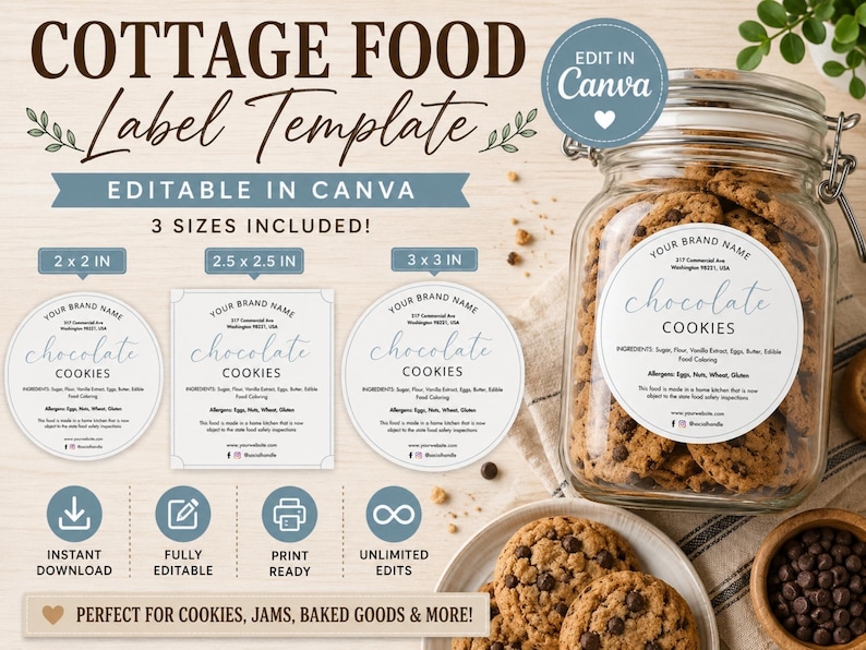 Editable Cottage Food Label Template, Bakery Cookie Packaging, Canva ...