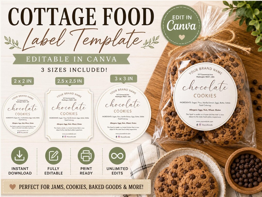 Editable Cottage Food Label Template, Bakery Cookie Packaging, Canva ...