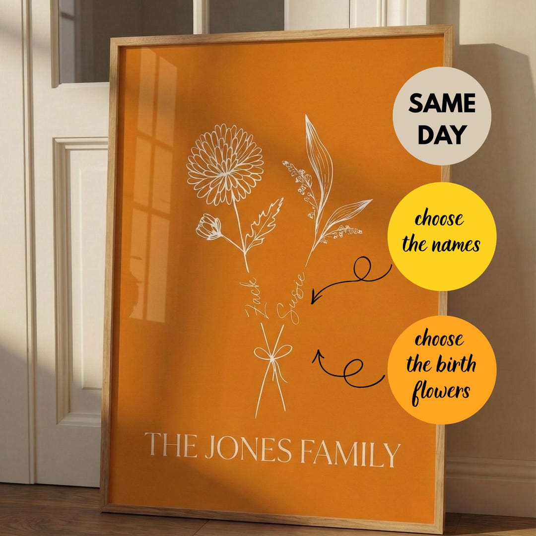 Personalized Family Birth Flower Art, Custom Name Flower Bouquet ...