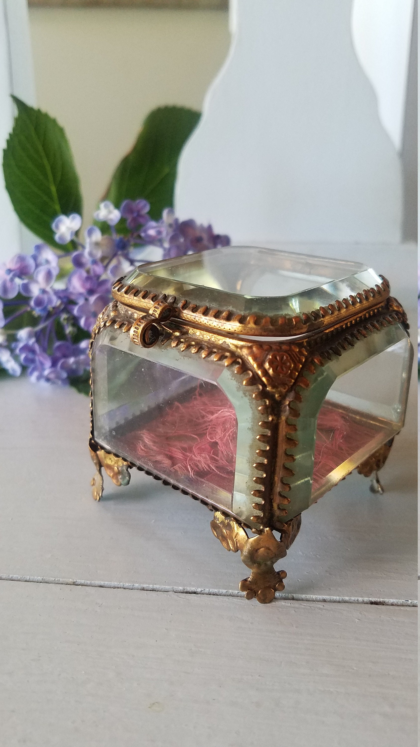 Antique French Jewelry Box Beveled Glass Treasure Box Etsy