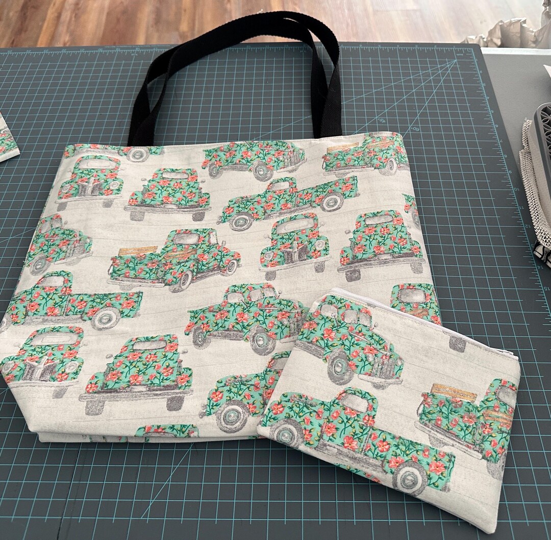 Panel Trucks With Spring Flowers Tote With Zippered Notions Pouch ...