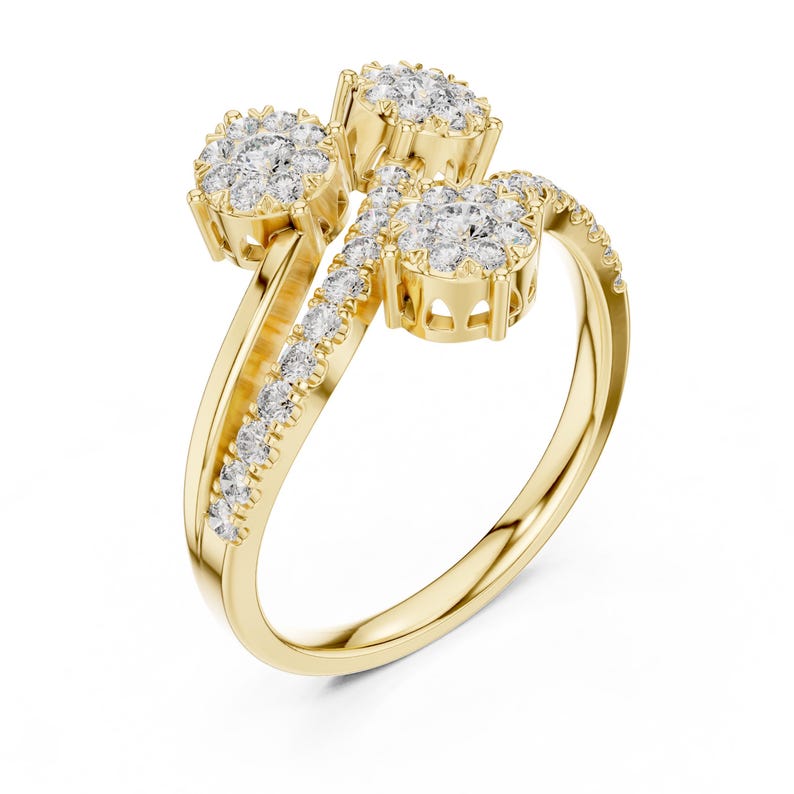 Round Diamond Three Cluster Bypass Engagement Ring in Gold / Platinum ...