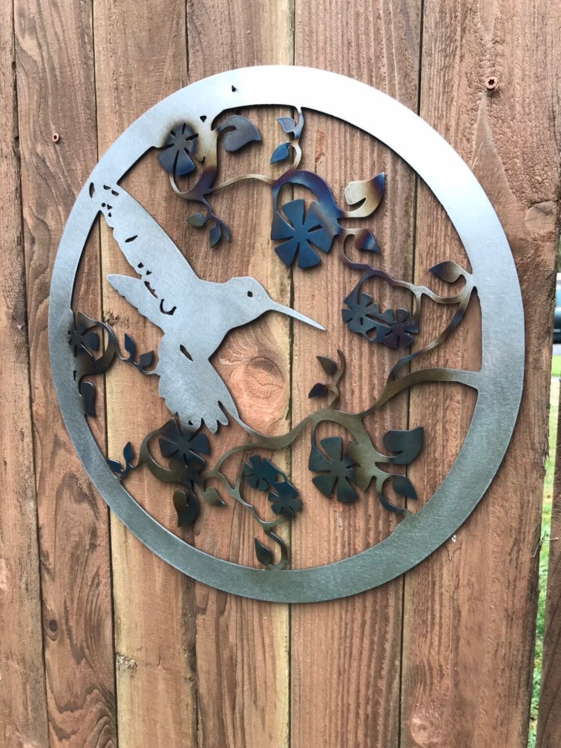 Custom metal humming bird sign monogram flower | Etsy