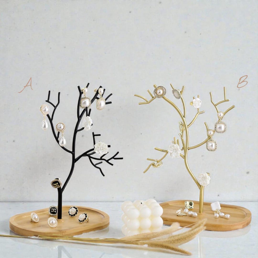 Wood Jewelry Tree Stand – Gold Tone Necklace Holder - Etsy