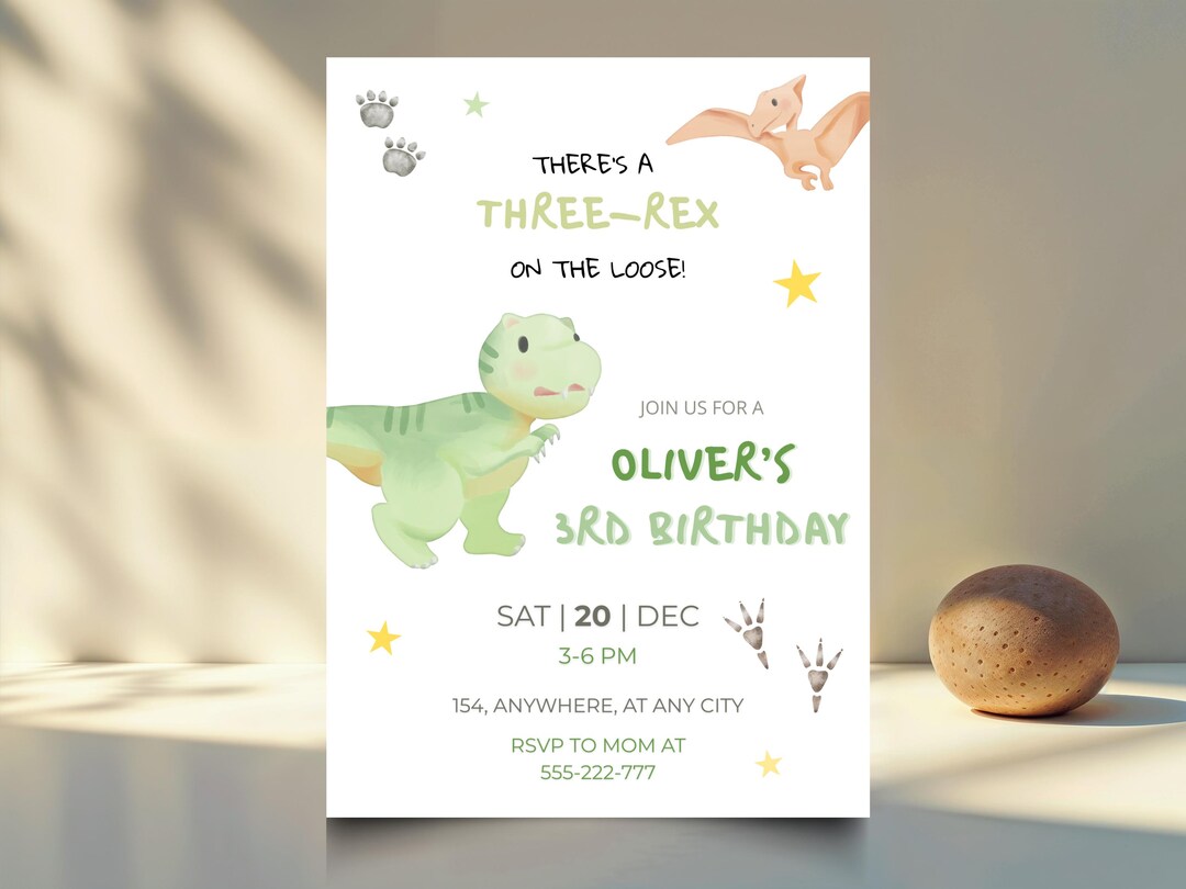 Editable Three Rex Birthday Invitation, Dino Party (5x7) (digital ...