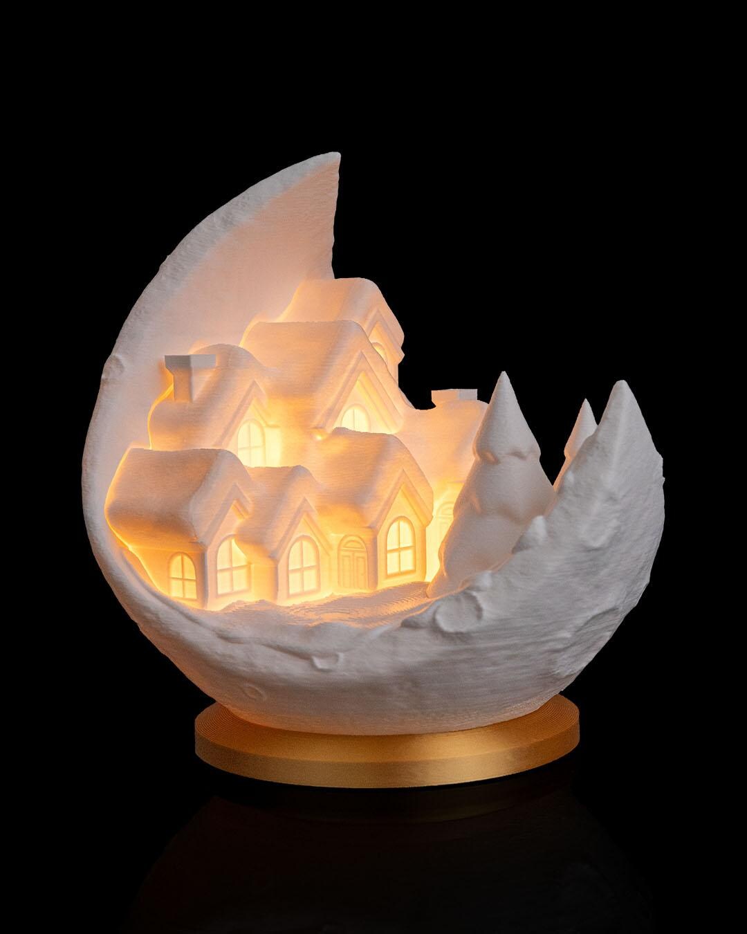 3D Printed Moonlit Winter Village Lamp, Glowing LED Light - Etsy
