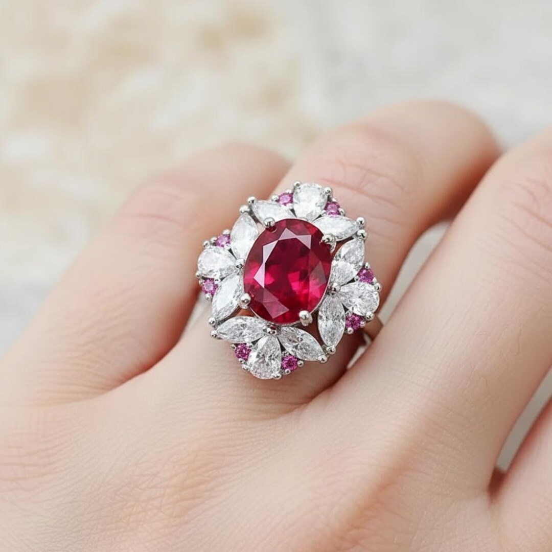 Vintage Art Deco Ruby Red Ring, Floral Halo Engagement Ring With ...
