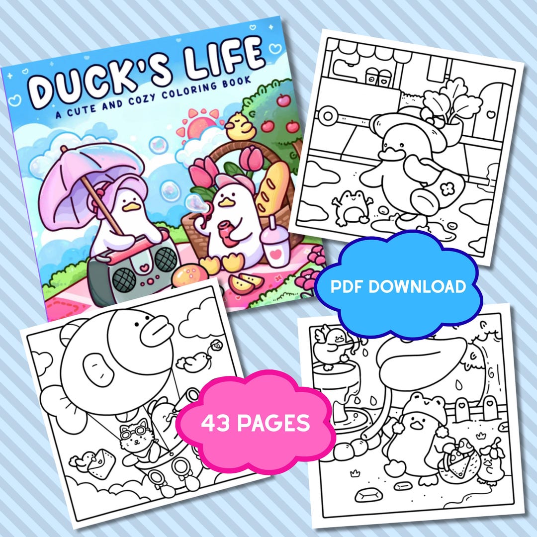 Duck Coloring Book, Cute and Cozy Digital Coloring Pages, Instant ...