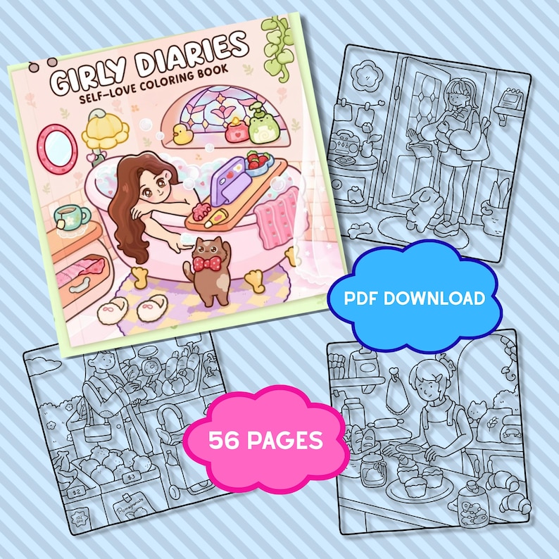 Girl Diaries Coloring Book, Cute and Cozy Digital Coloring Pages ...
