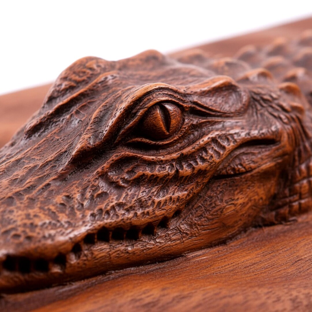 Walnut Wooden Alligator Sculpture, Handmade Crocodile Carving, Rustic ...